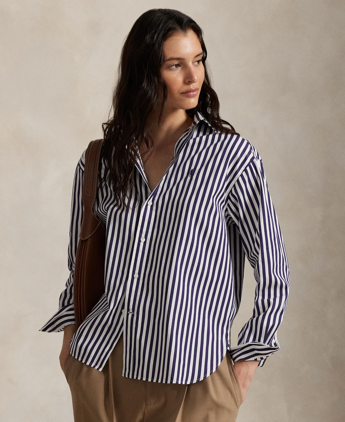 Polo Ralph Lauren Womens Relaxed-Fit Striped Cotton Shirt - Bright Purple/White