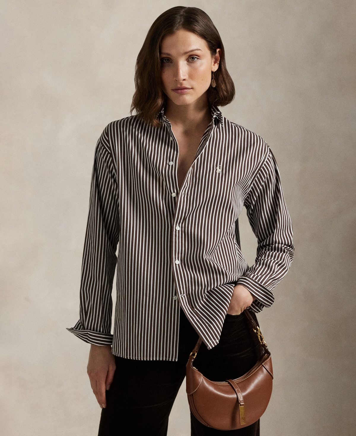 Polo Ralph Lauren Womens Relaxed-Fit Striped Cotton Shirt - Brown/White