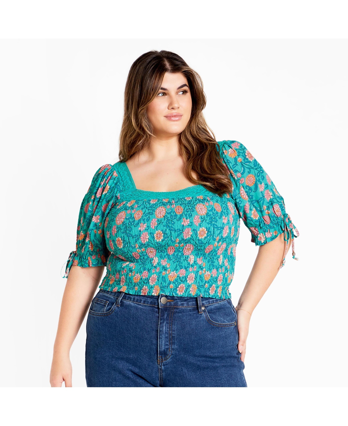 Click here for City Chic Plus Size Aurora Print Top - Turquoise prices