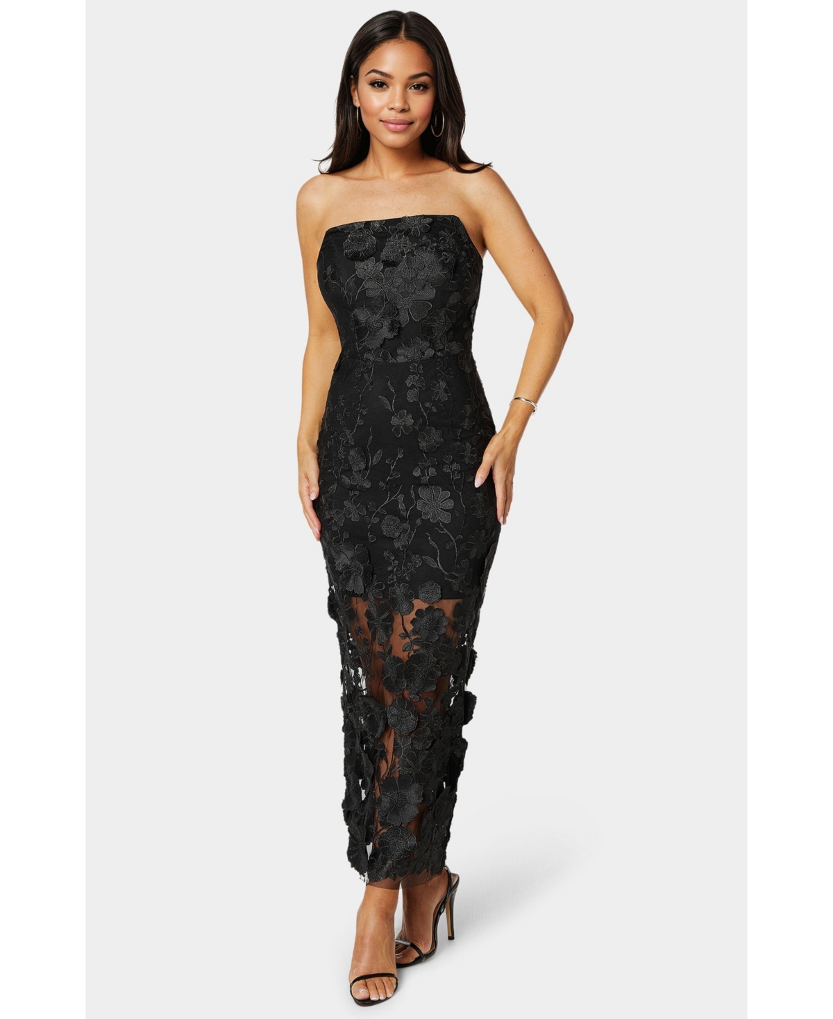 Click here for Bebe Womens Strapless 3D Lace Column Dress - Black prices