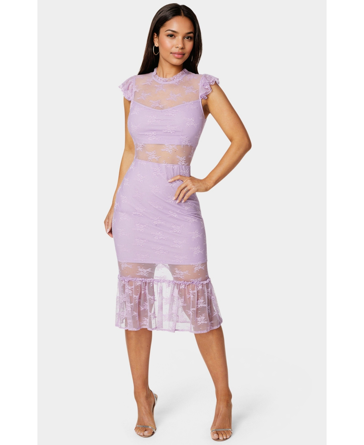 Click here for Bebe Womens Illusion Lace Midi Dress - Lilac prices