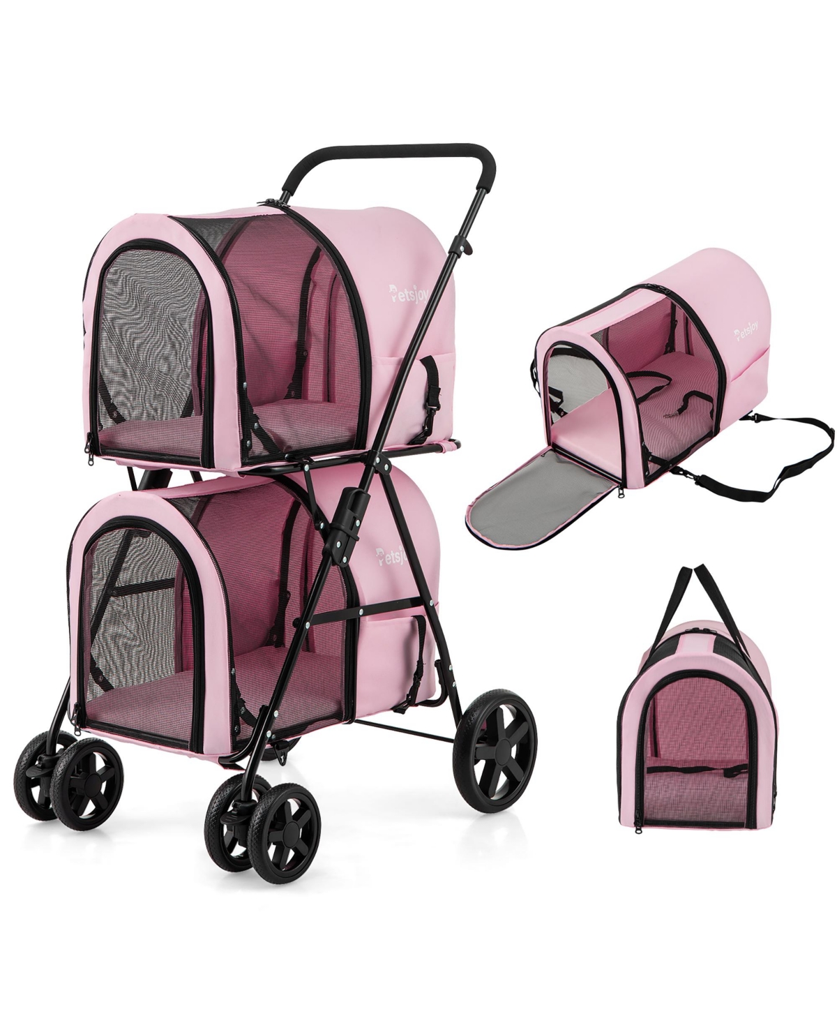Gymax 4-in-1 Double Pet Stroller w/ Detachable Carrier Travel Carriage for Cats - Pink