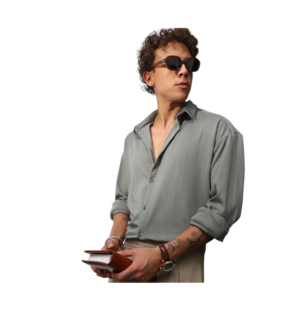 Click here for Campus Sutra Mens Ash Grey Stripe-Textured Shirt -... prices
