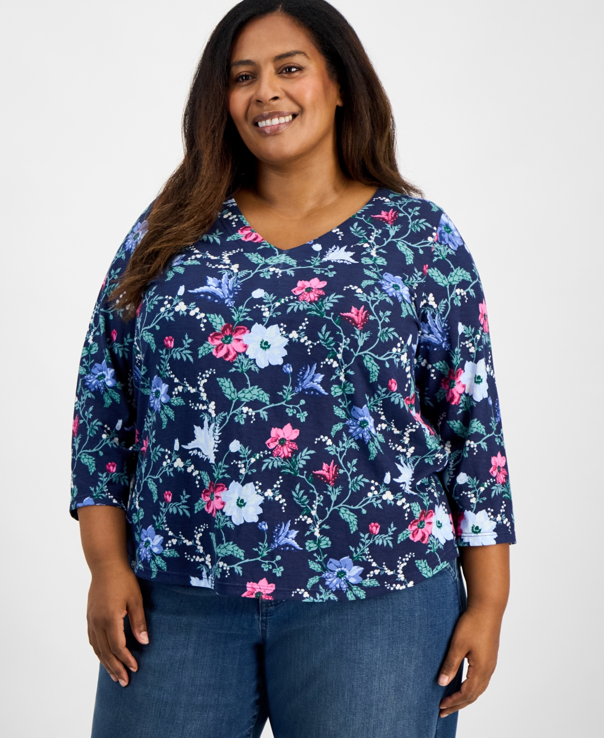 Click here for Style & Co Plus Size Printed V-Neck 3/4-Sleeve Top... prices