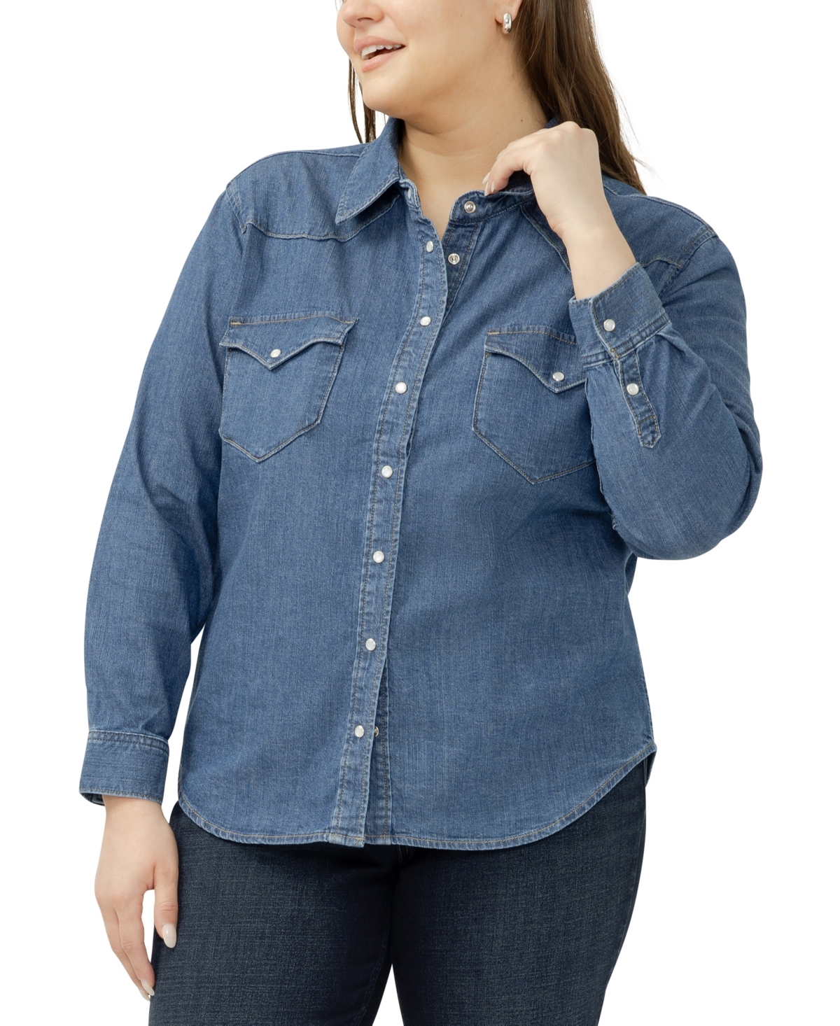 Click here for Silver Jeans Co. Plus Size Western Denim Shirt - C... prices