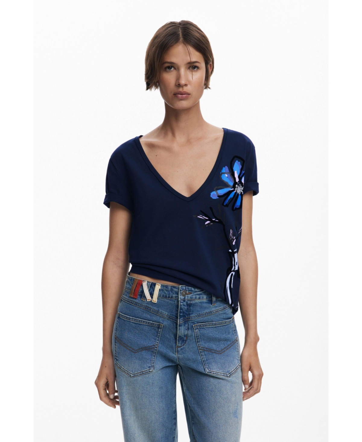 Click here for Desigual Womens Vase V-neck T-shirt - Dark blue prices
