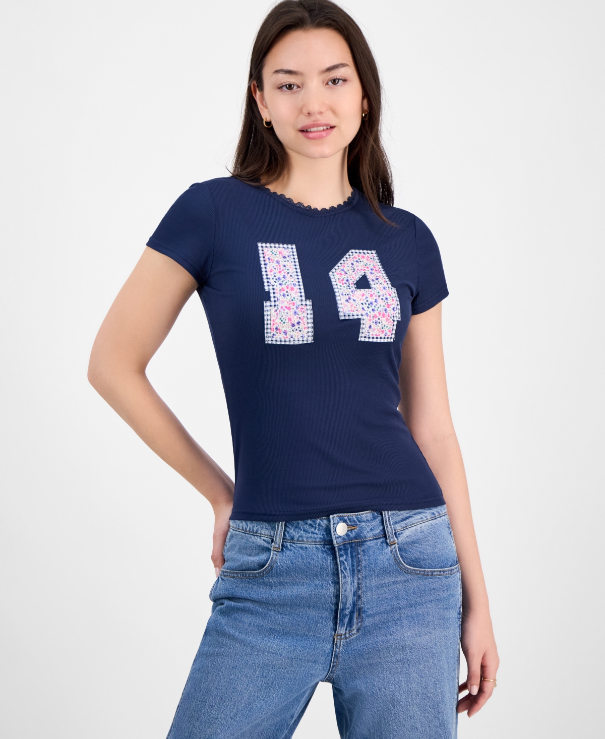 Click here for Just Polly Juniors Applique Picot-Trim T-Shirt - N... prices