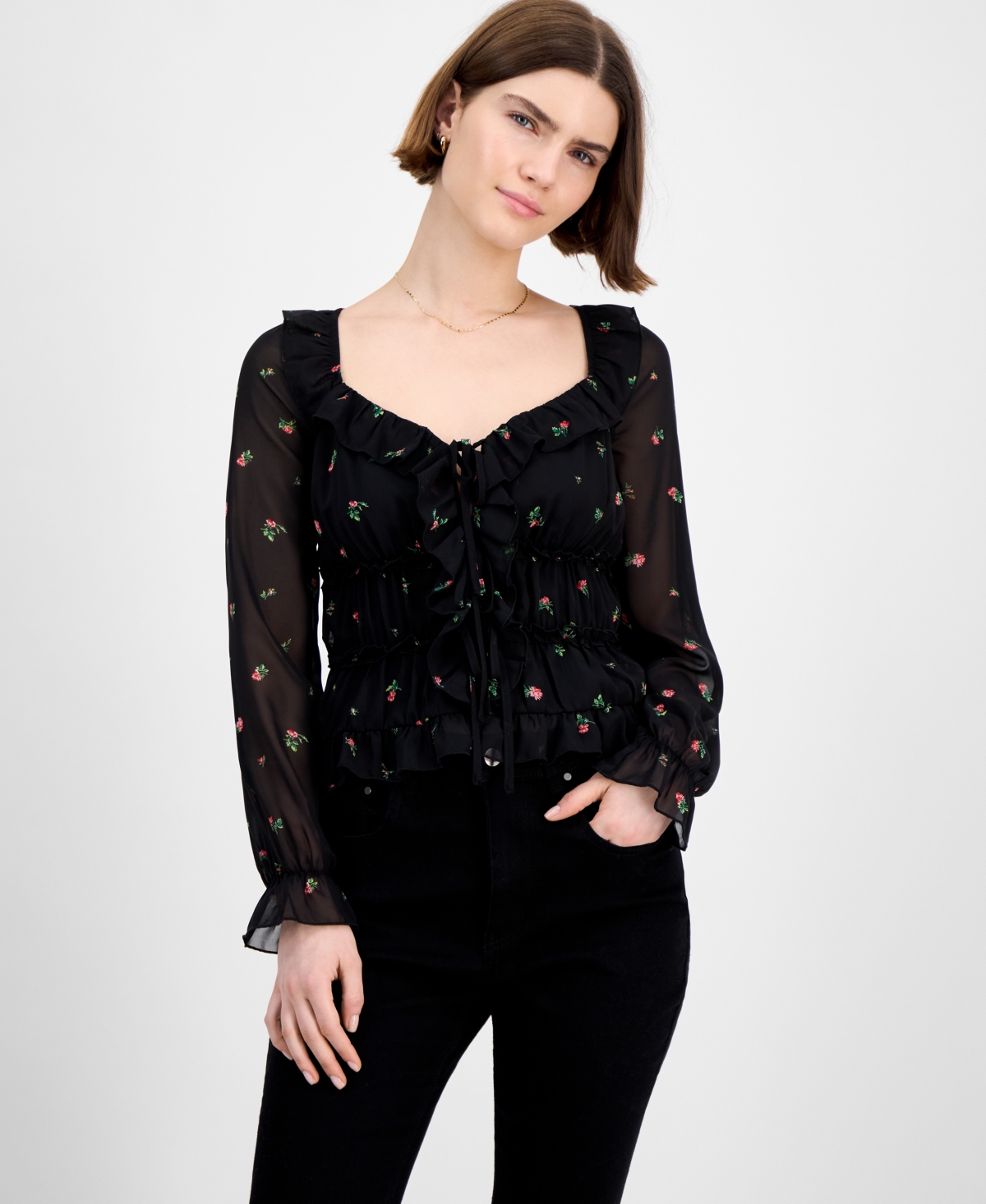 Click here for Tinseltown Juniors Tie-Back Ruffle Blouse - Black... prices
