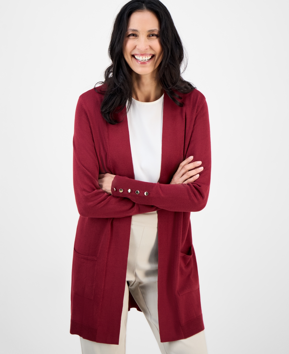 Click here for Jm Collection Petite Open-Front Button-Cuff Cardig... prices