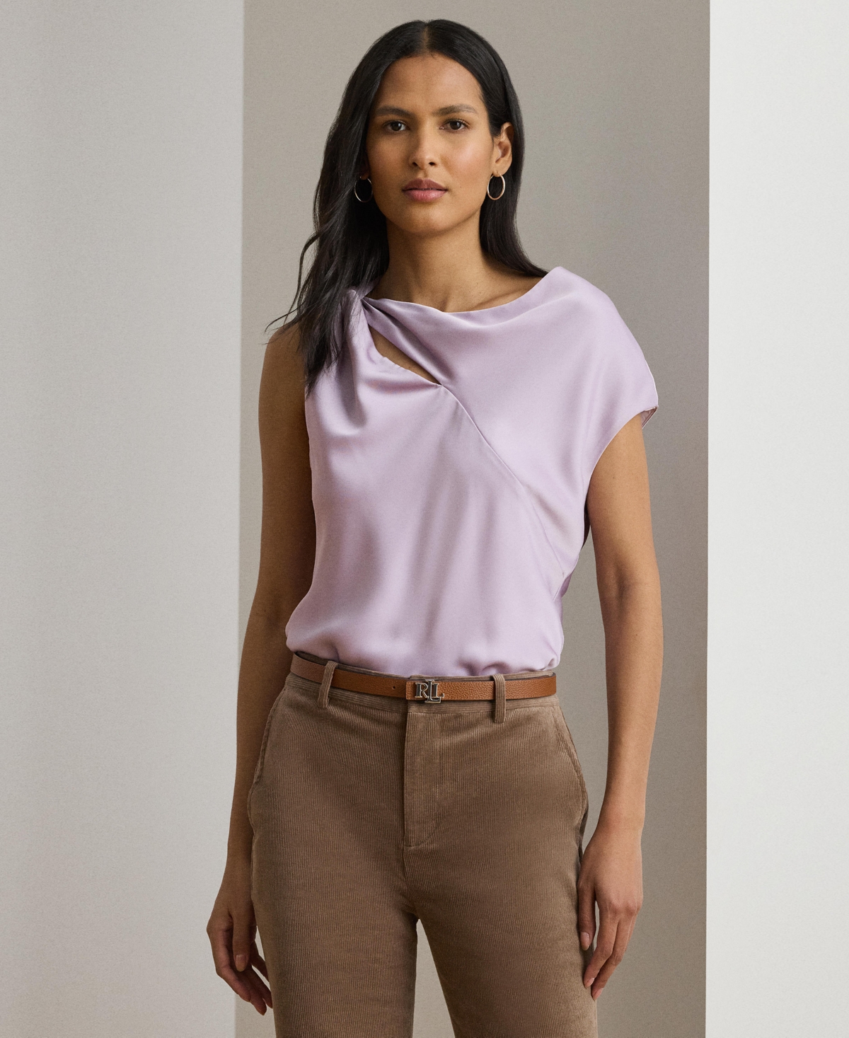 Lauren Ralph Lauren Womens Charmeuse Asymmetrical Blouse - Lavender Frost