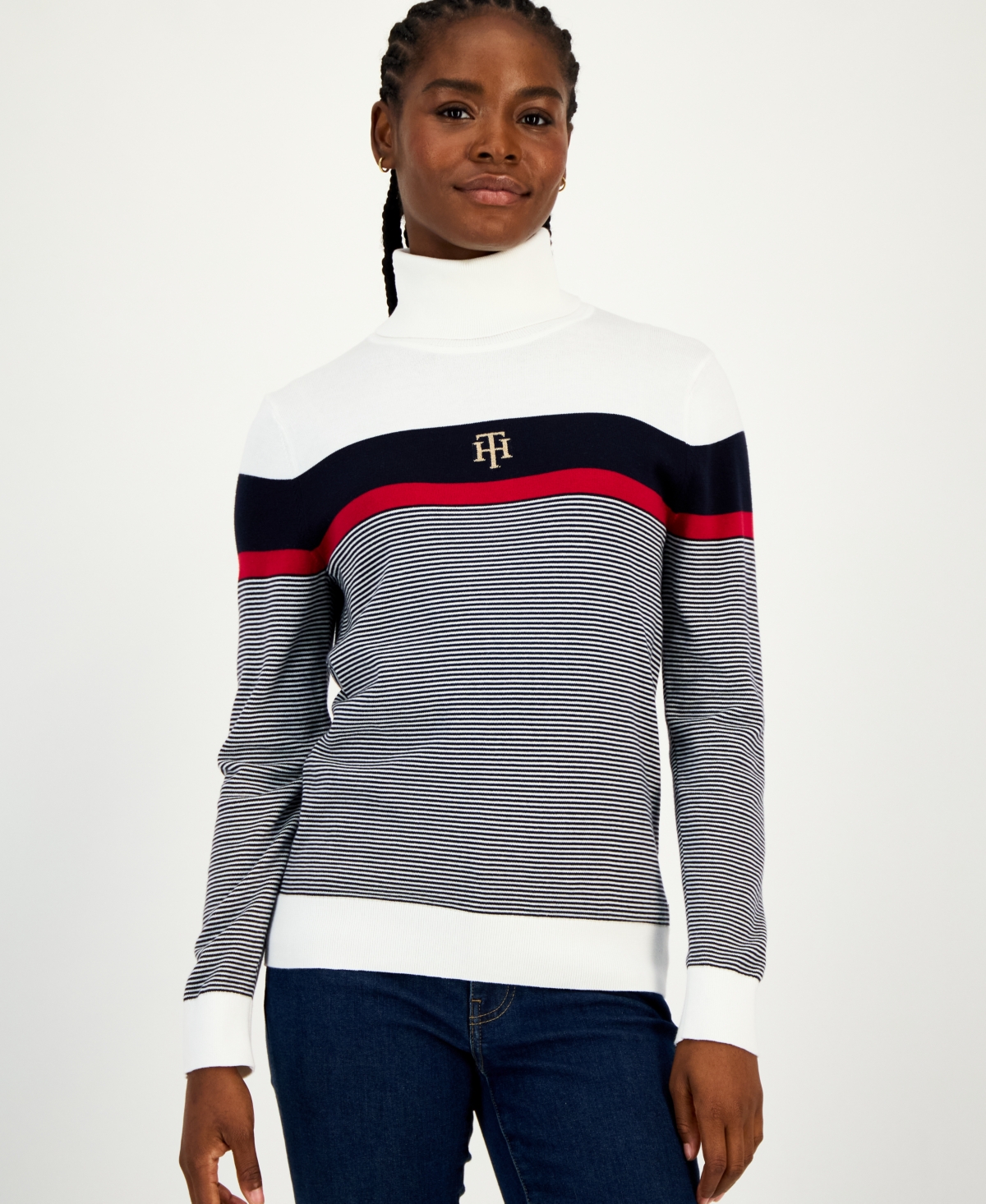 Click here for Tommy Hilfiger Womens Cotton Striped Turtleneck Sw... prices