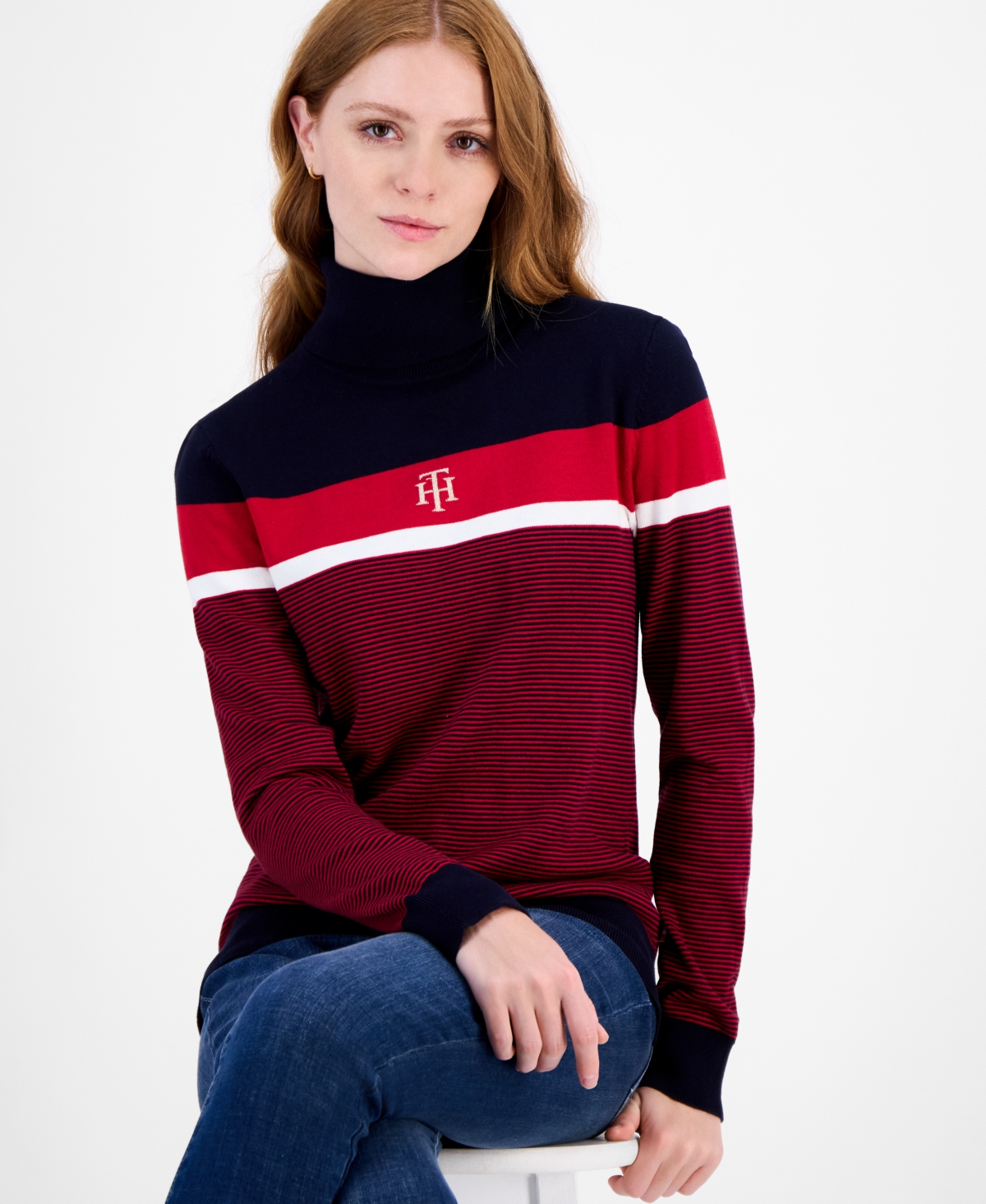 Click here for Tommy Hilfiger Womens Cotton Striped Turtleneck Sw... prices