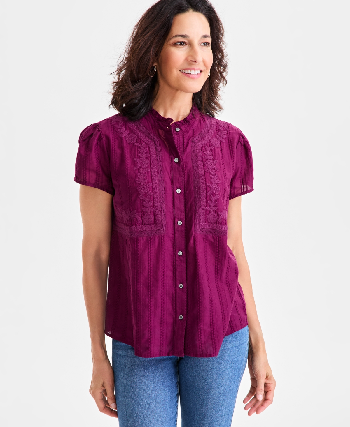 Click here for Style & Co Womens Cotton Embroidered Button-Front... prices