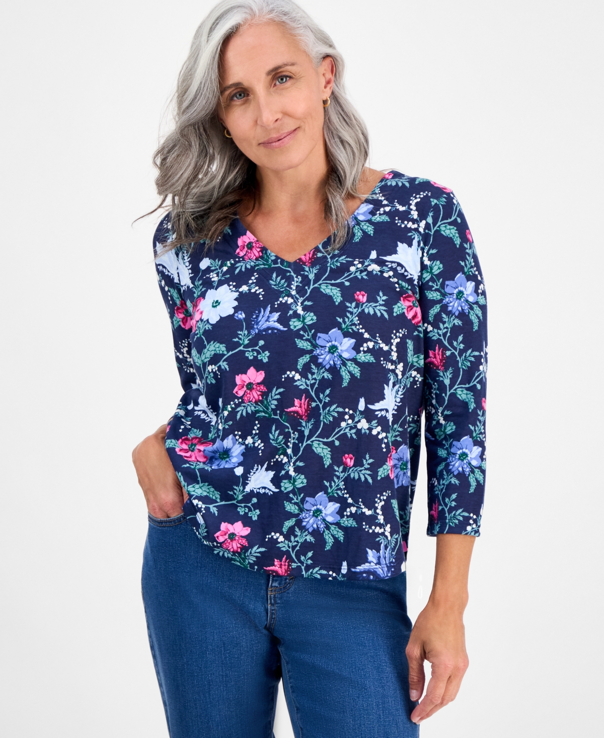 Click here for Style & Co Petite Chintz Floral V-Neck 3/4-Sleeve... prices