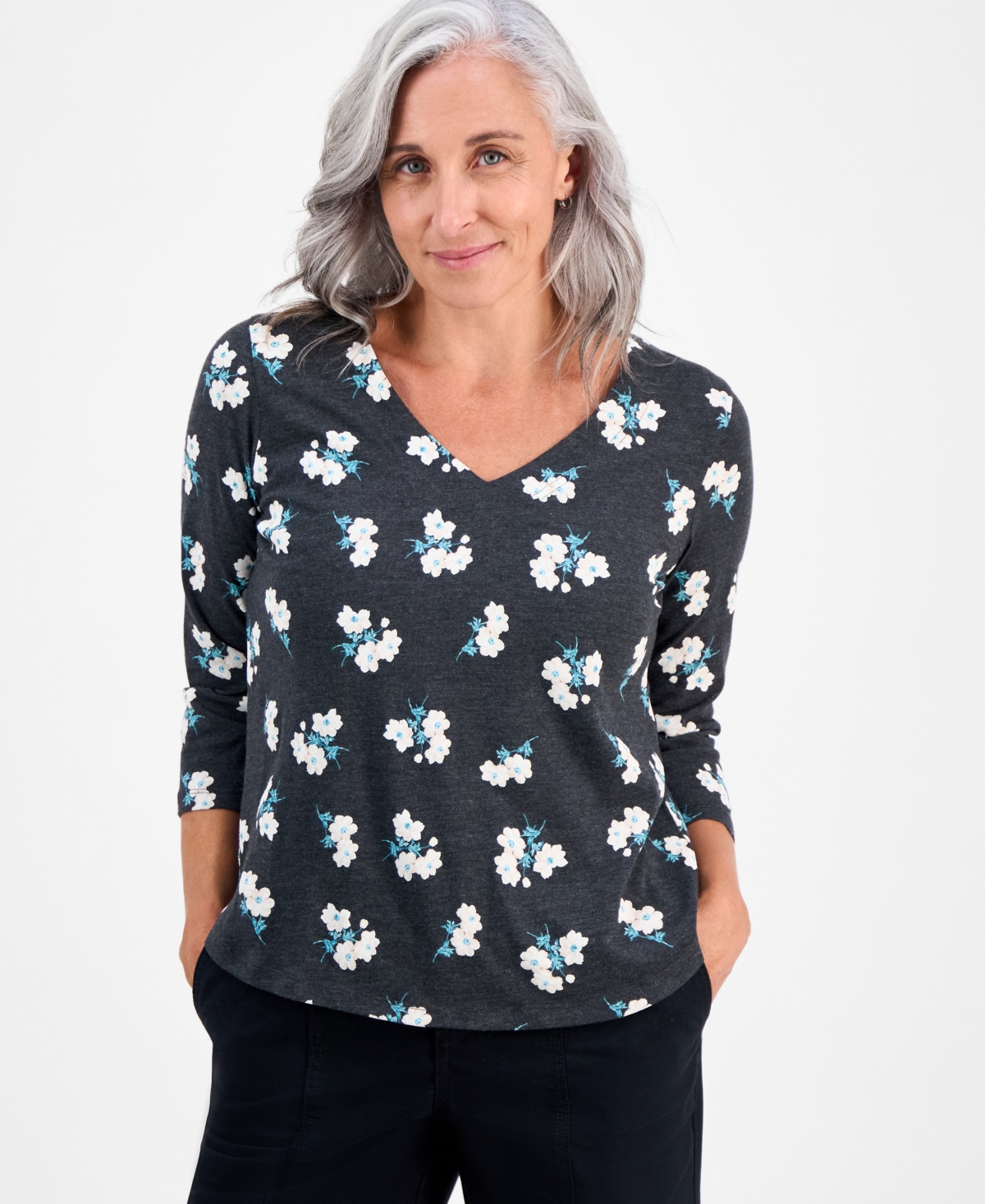 Click here for Style & Co Petite Chintz Floral V-Neck 3/4-Sleeve... prices