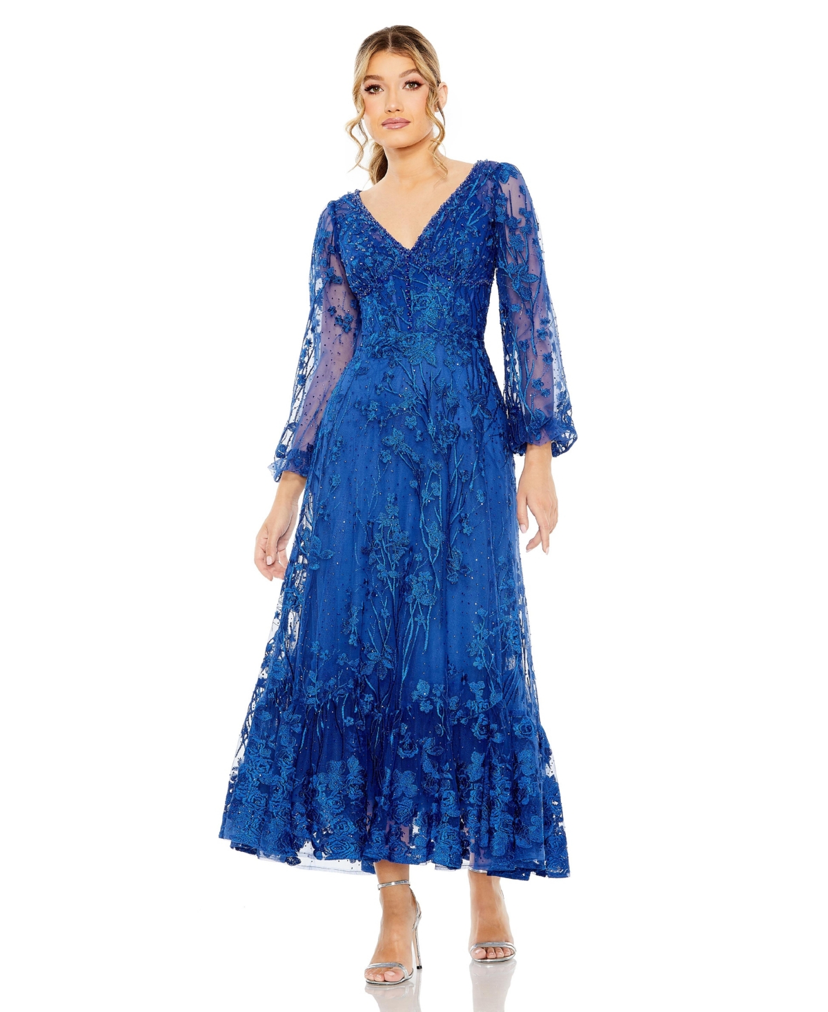 Click here for Mac Duggal Womens V Neck Mesh Puff Sleeve A Line E... prices