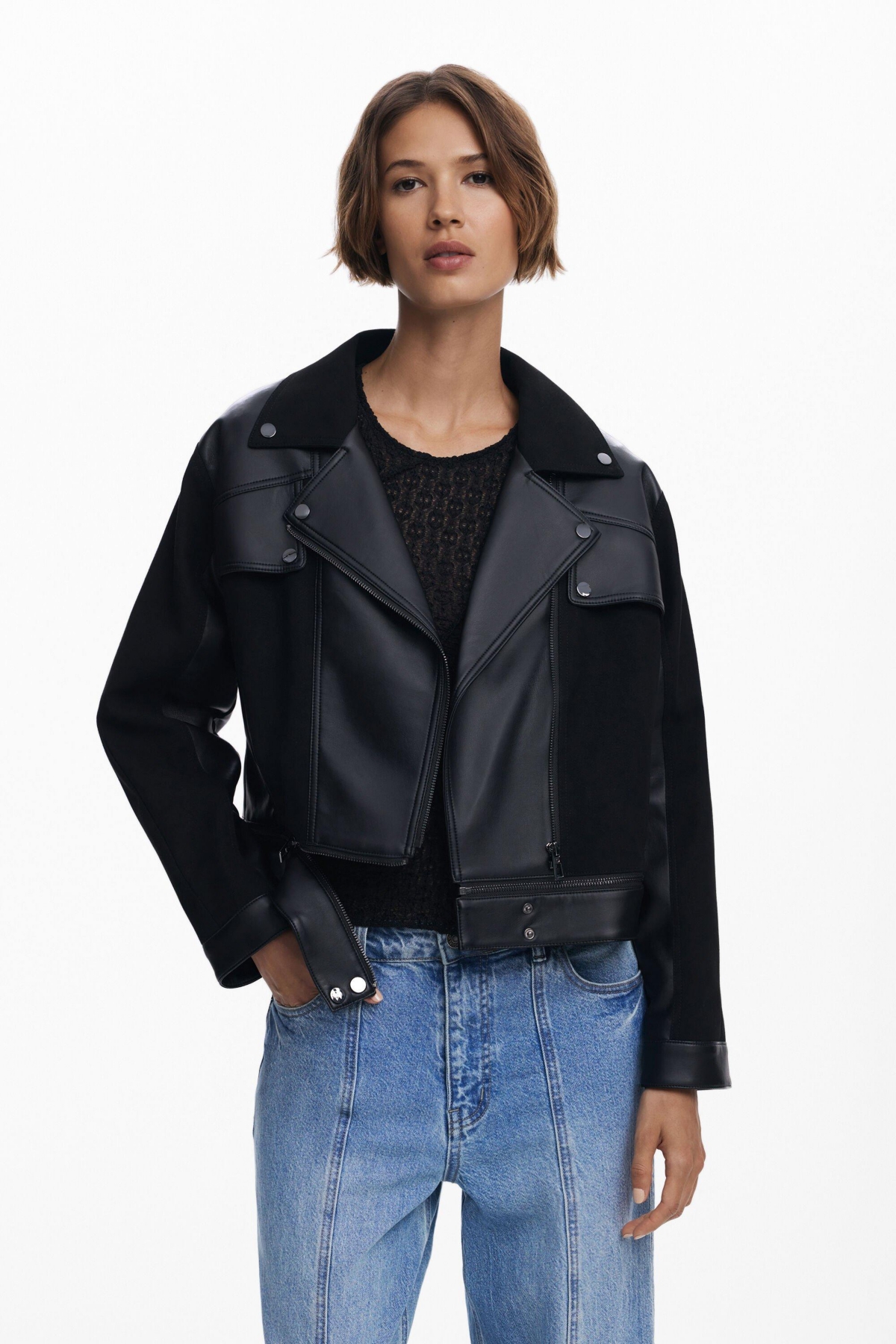 Click here for Desigual Womens Combined faux leather jacket - Bla... prices