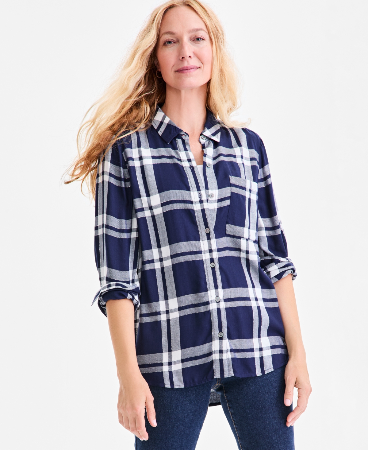 Click here for Style & Co Womens Plaid Button-Down Perfect Shirt... prices