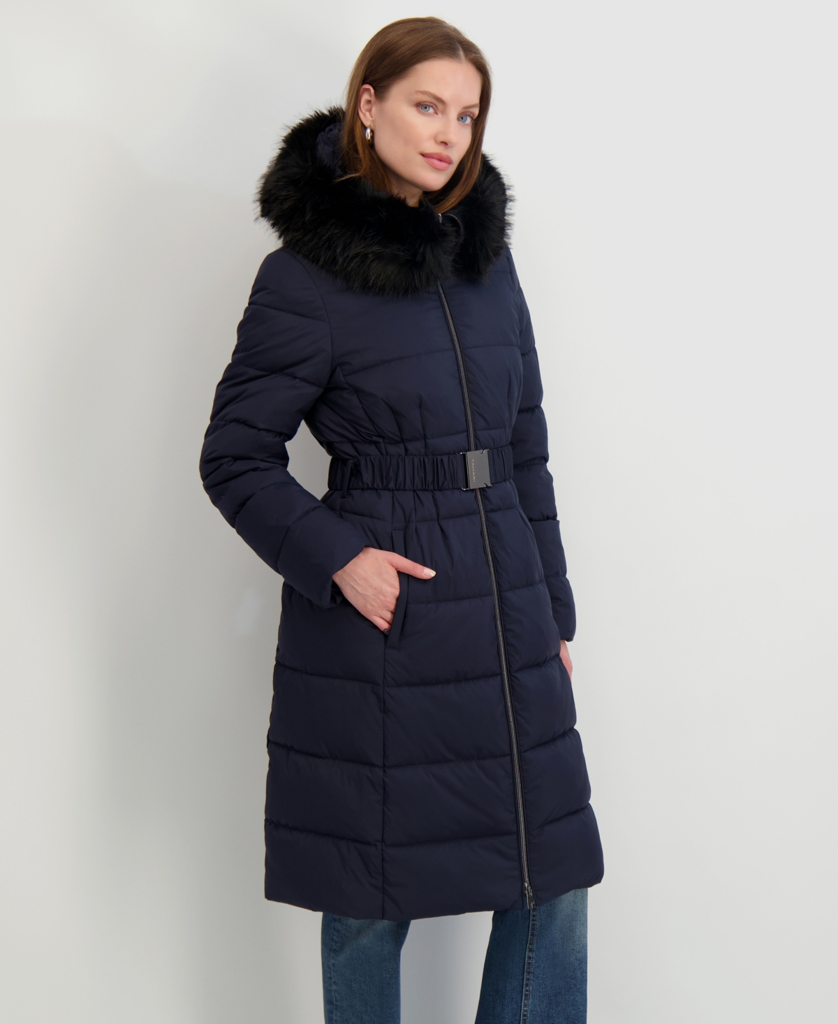Click here for Tahari Womens Faux-Fur-Trim Hooded Belted Puffer C... prices