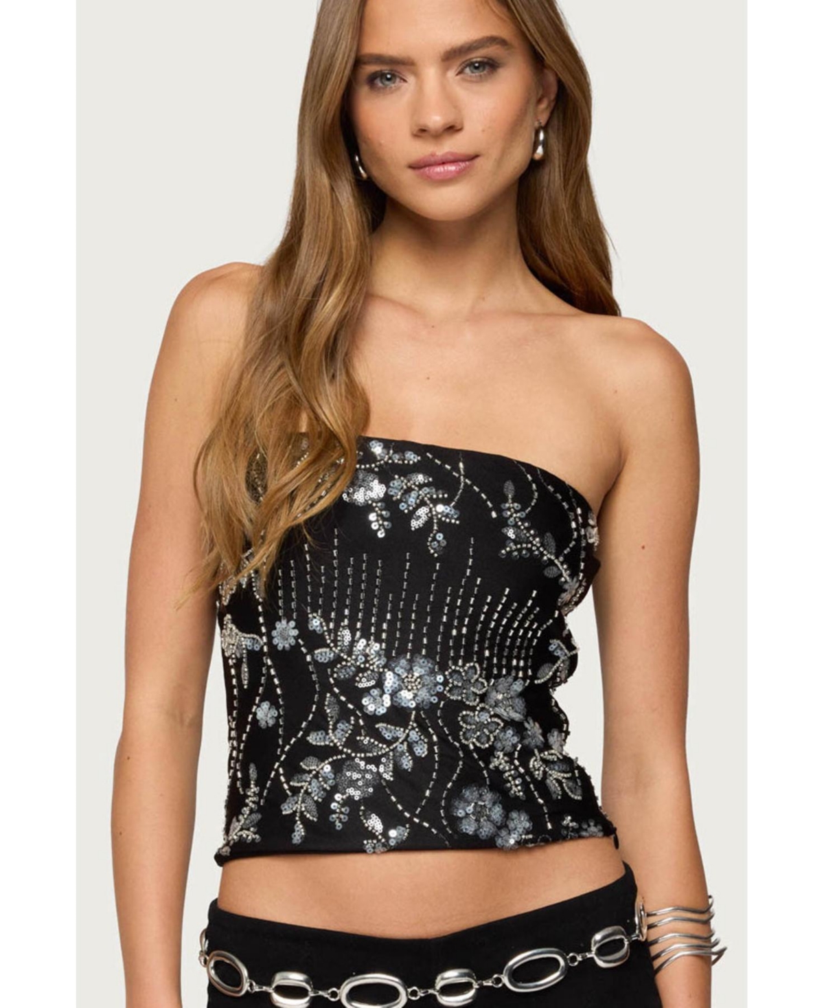 Click here for Edikted Womens Zelda Bead & Sequin Strapless Top -... prices