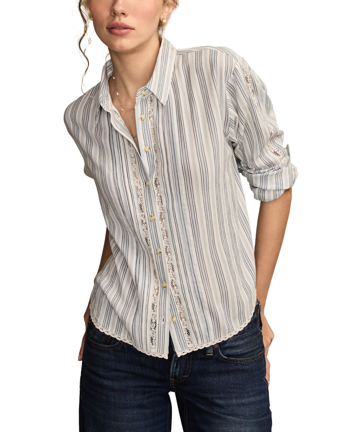 Click here for Lucky Brand Womens Lace-Trim Button-Down Cotton Sh... prices