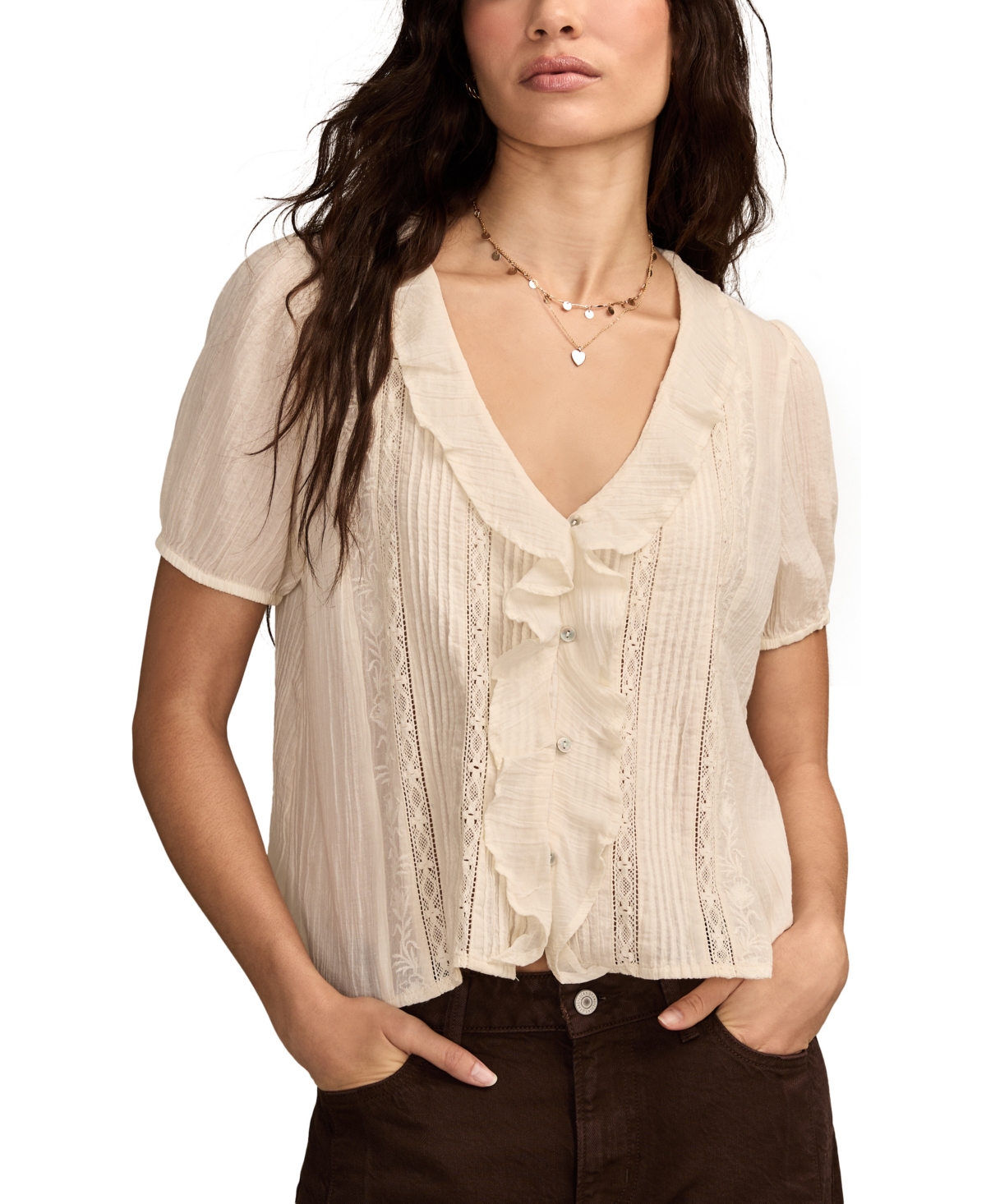 Click here for Lucky Brand Womens Ruffle-Front Pintuck Short-Slee... prices