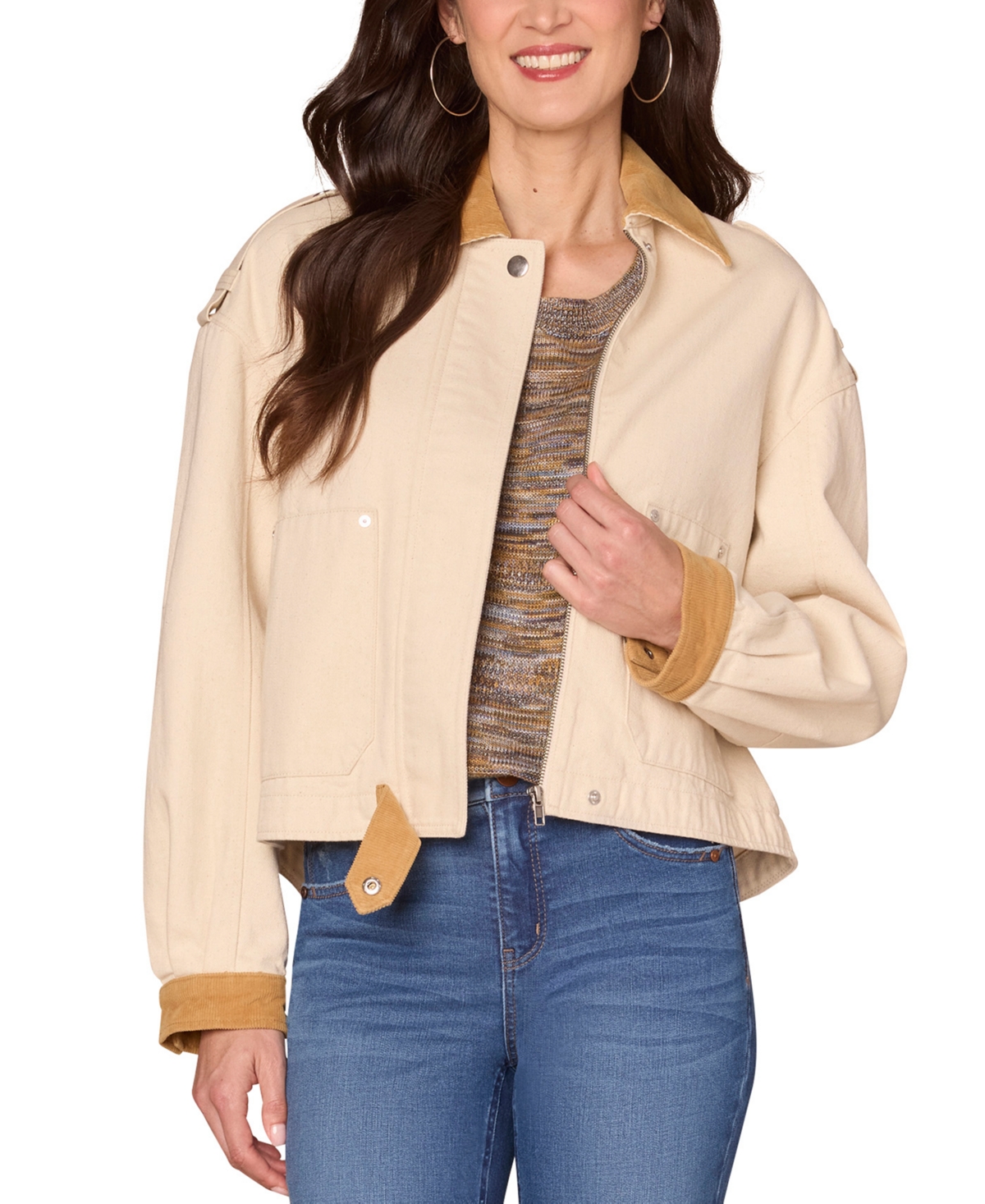 Click here for Democracy Petite Corduroy-Trim Jacket - Heather Bi... prices