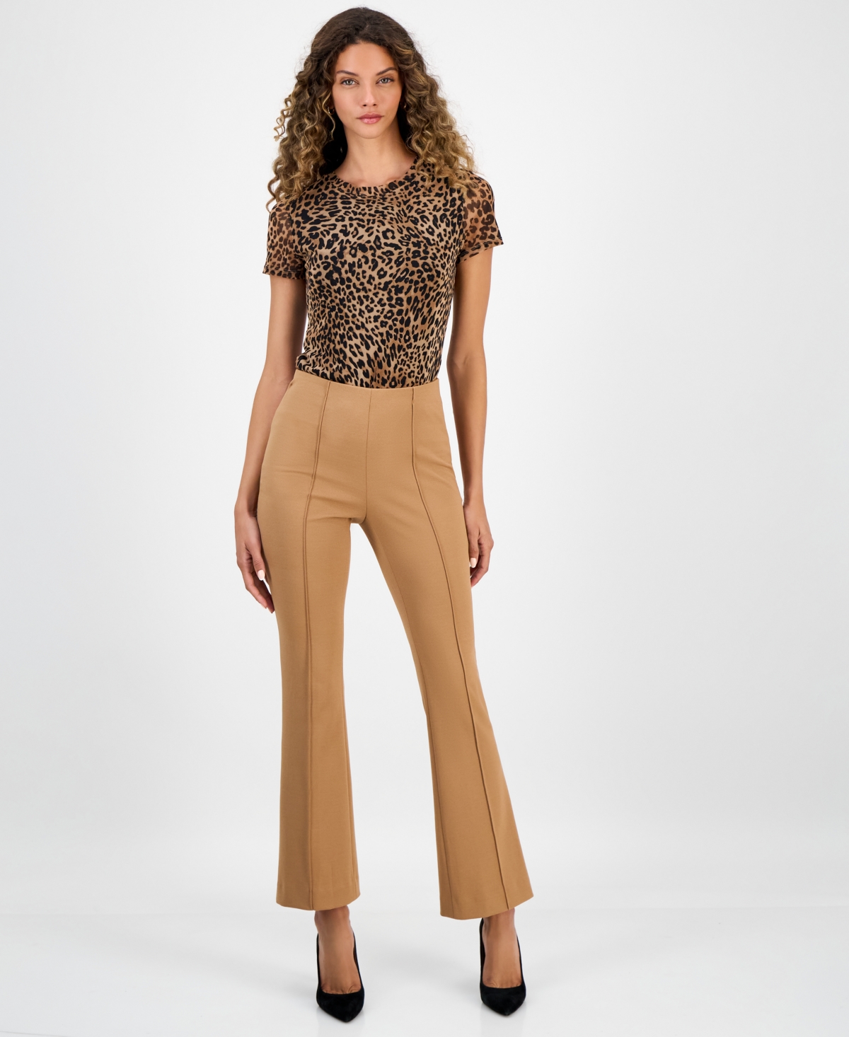 Bar Iii Womens Crepe High-Rise Flared-Leg Pants  Macys Exclusive - Dark Caramel