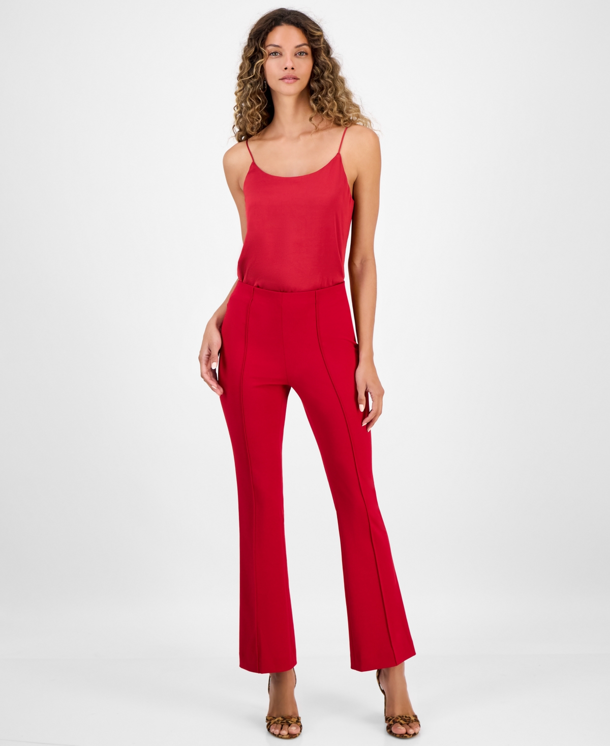 Bar Iii Womens Crepe High-Rise Flared-Leg Pants  Macys Exclusive - Pomegranate