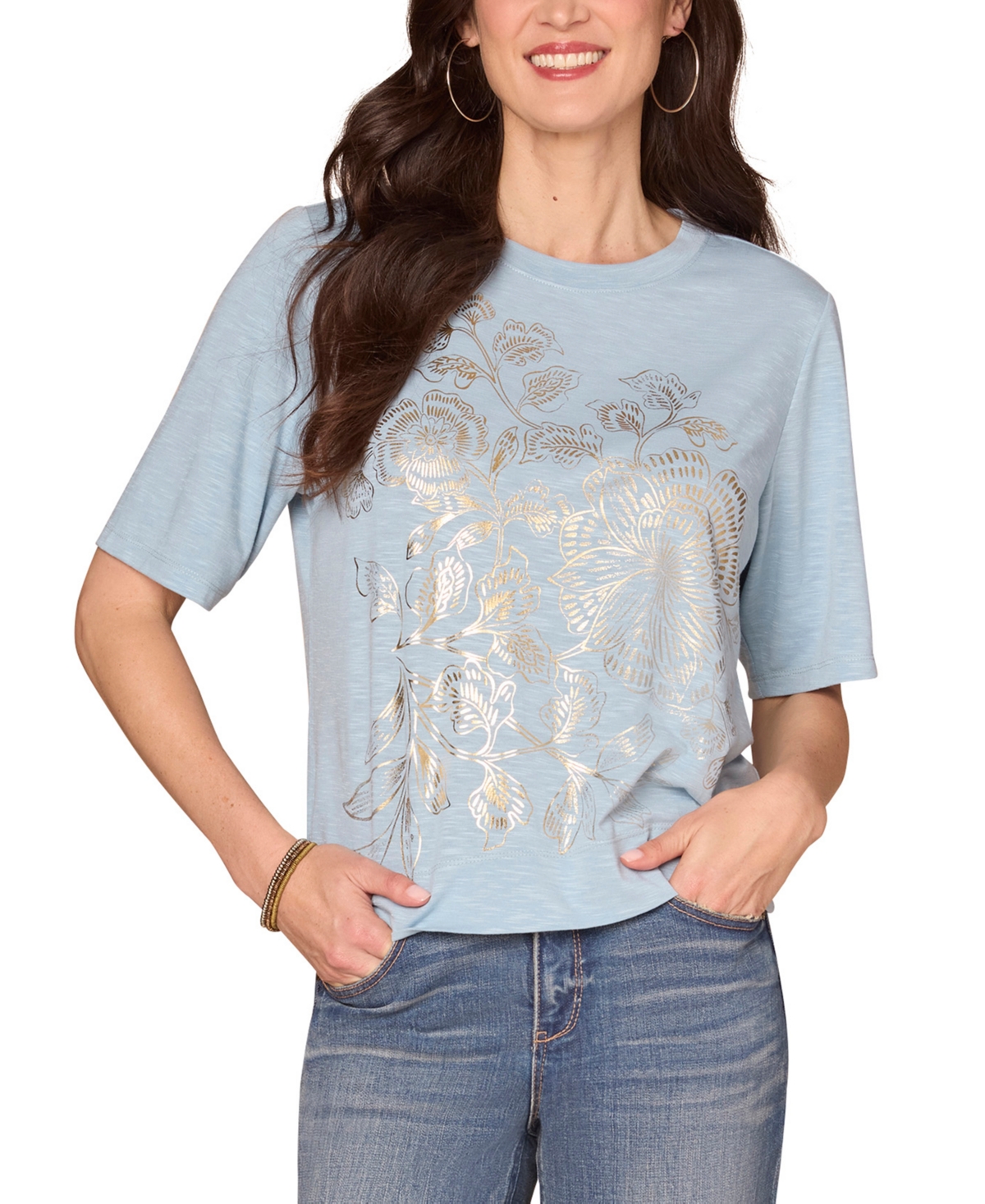 Click here for Democracy Petite Metallic Graphic Top - Nile Blue prices