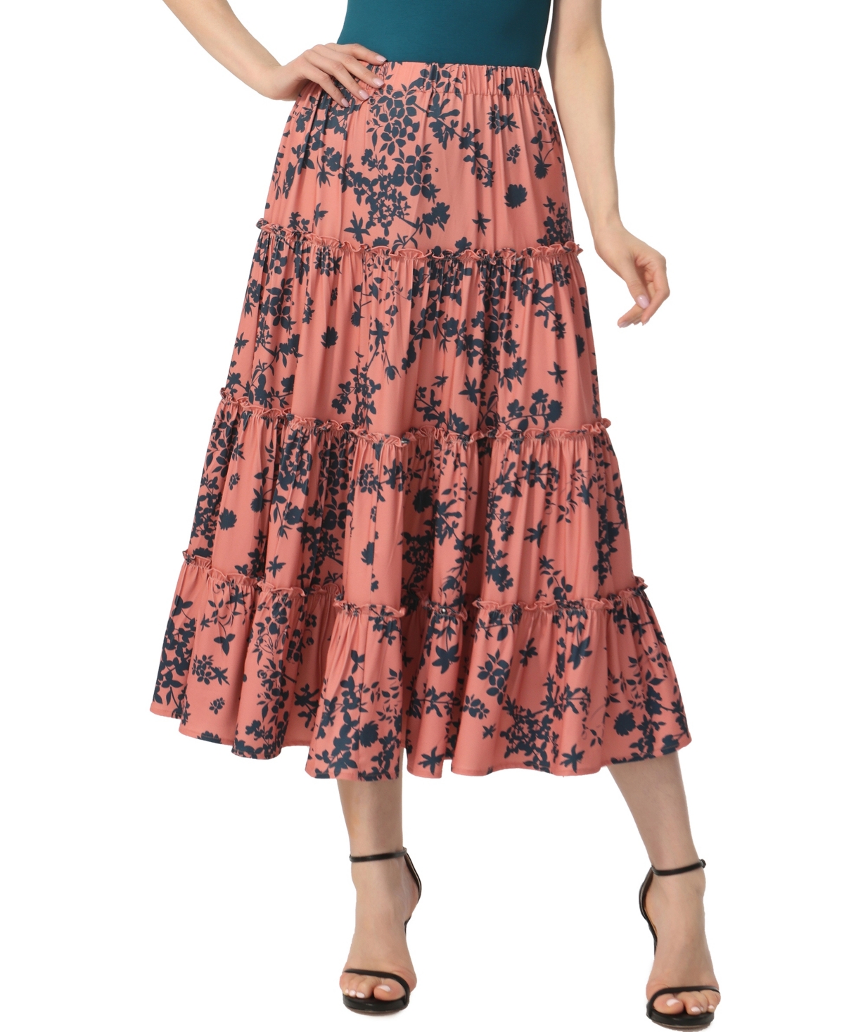 Click here for kimi + kai Womens Tiered Floral Midi Skirt - Coral prices