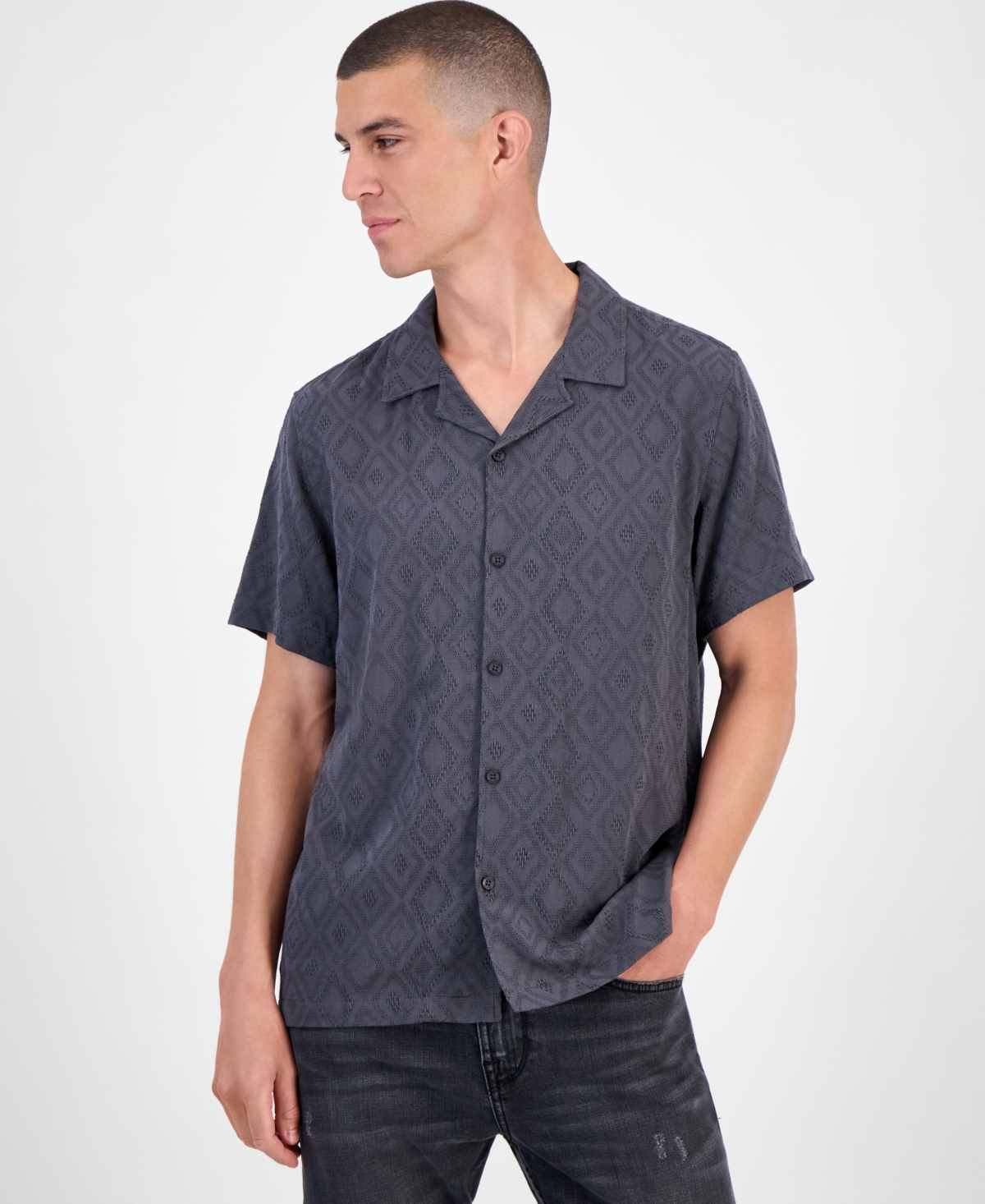Click here for Guess Short Sleeve Diamond Jacquard Button-Front C... prices