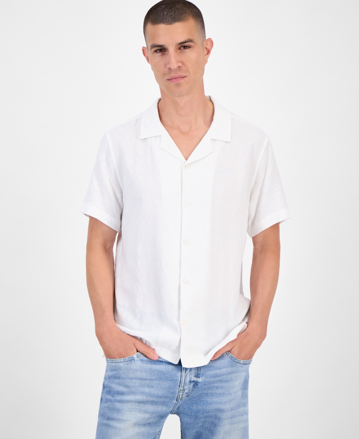 Click here for Guess Short Sleeve Diamond Jacquard Button-Front C... prices