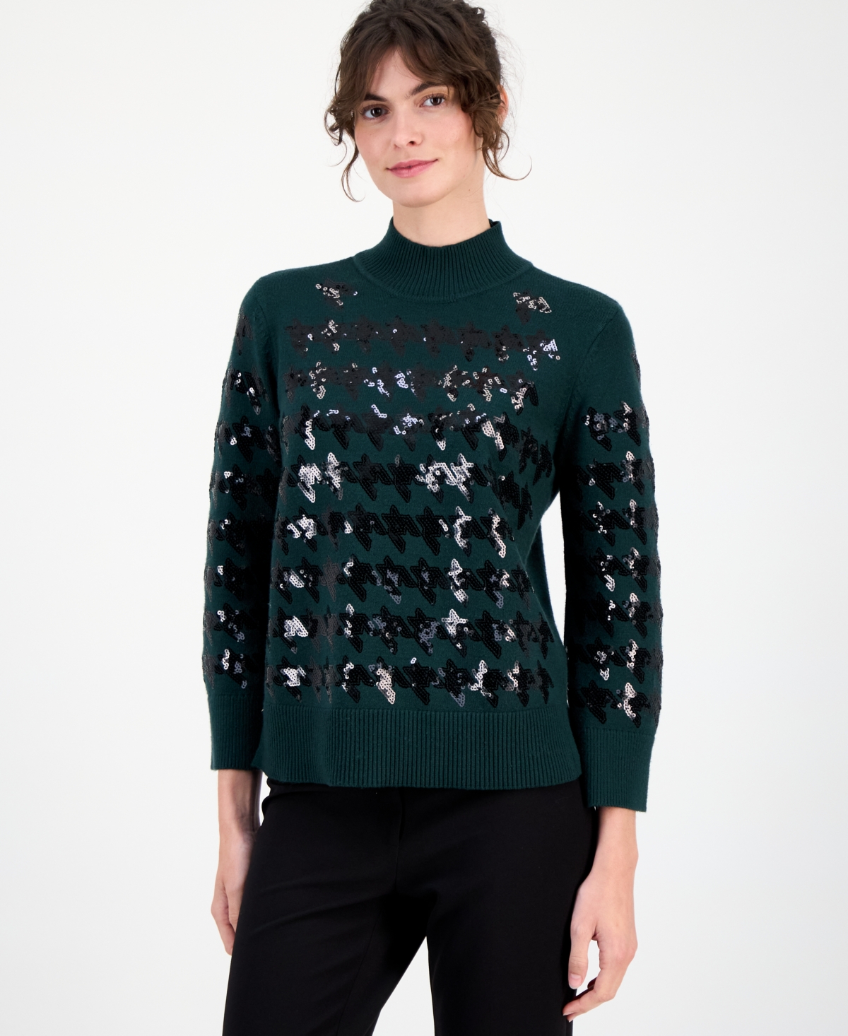 Click here for Anne Klein Womens Houndstooth Sequin Mock-Neck Swe... prices