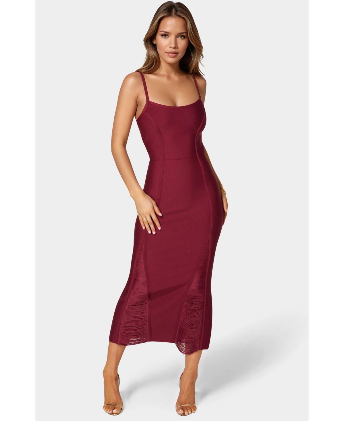 Click here for Bebe Womens Fringe Inset Bandage Midi Dress - Burg... prices