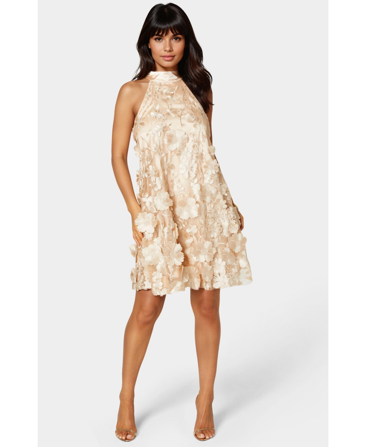 Click here for Bebe Womens 3D Floral Halter Mini Dress - Champagn... prices