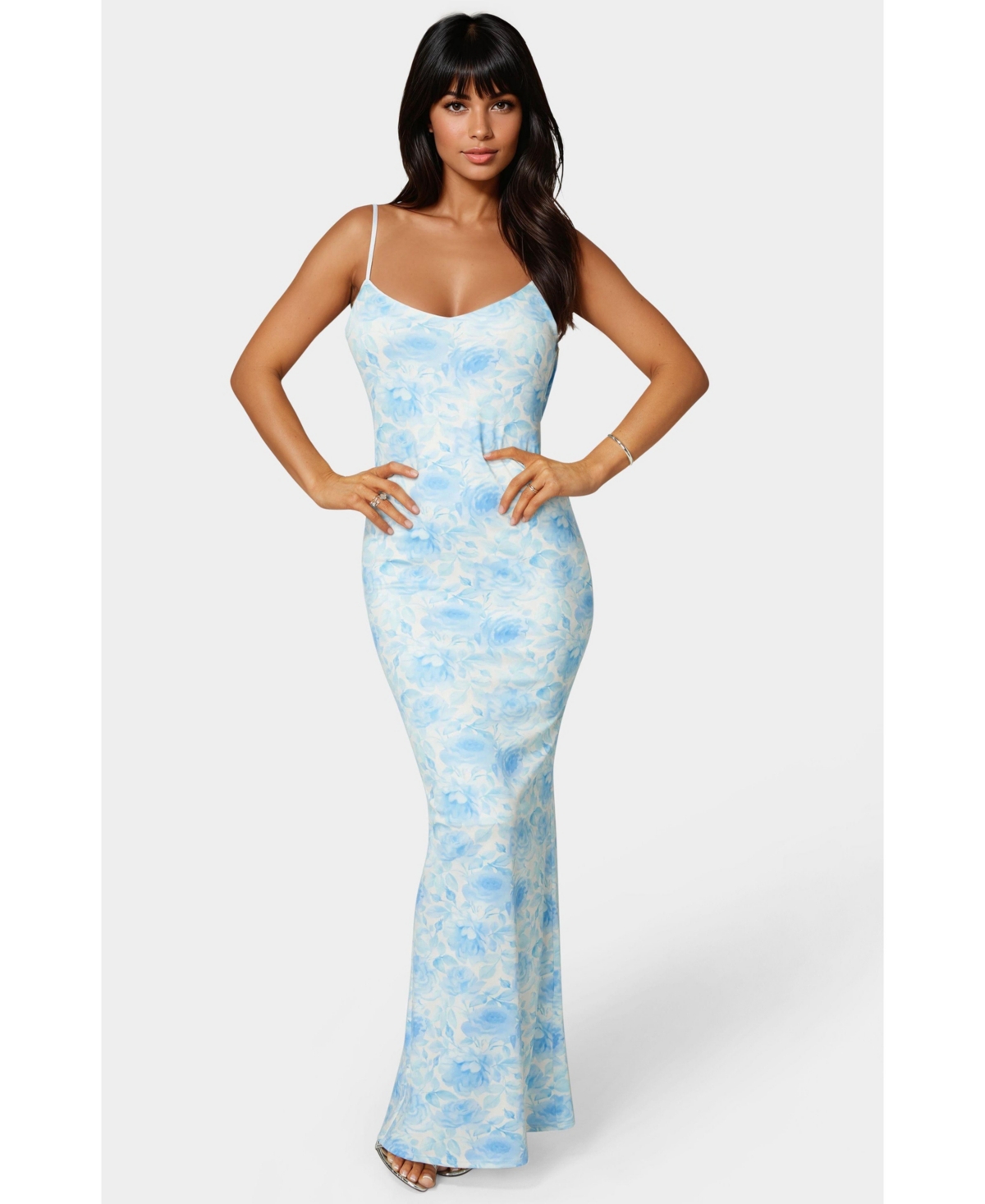 Bebe Womens Backless Lace Inset Maxi Dress - Blue floral