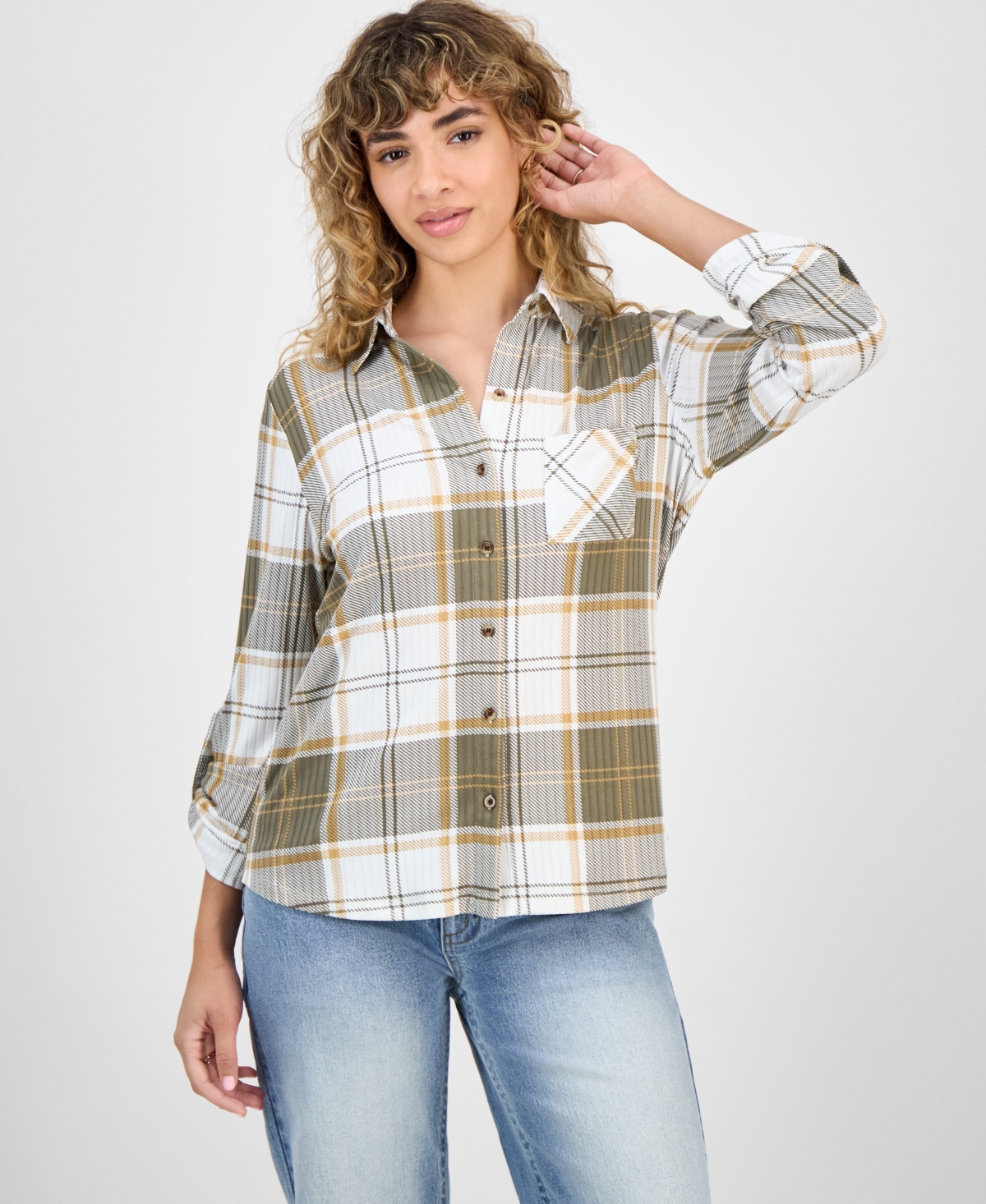 Click here for Just Polly Juniors Plaid Knit Shirt - Grey/Khaki/W... prices