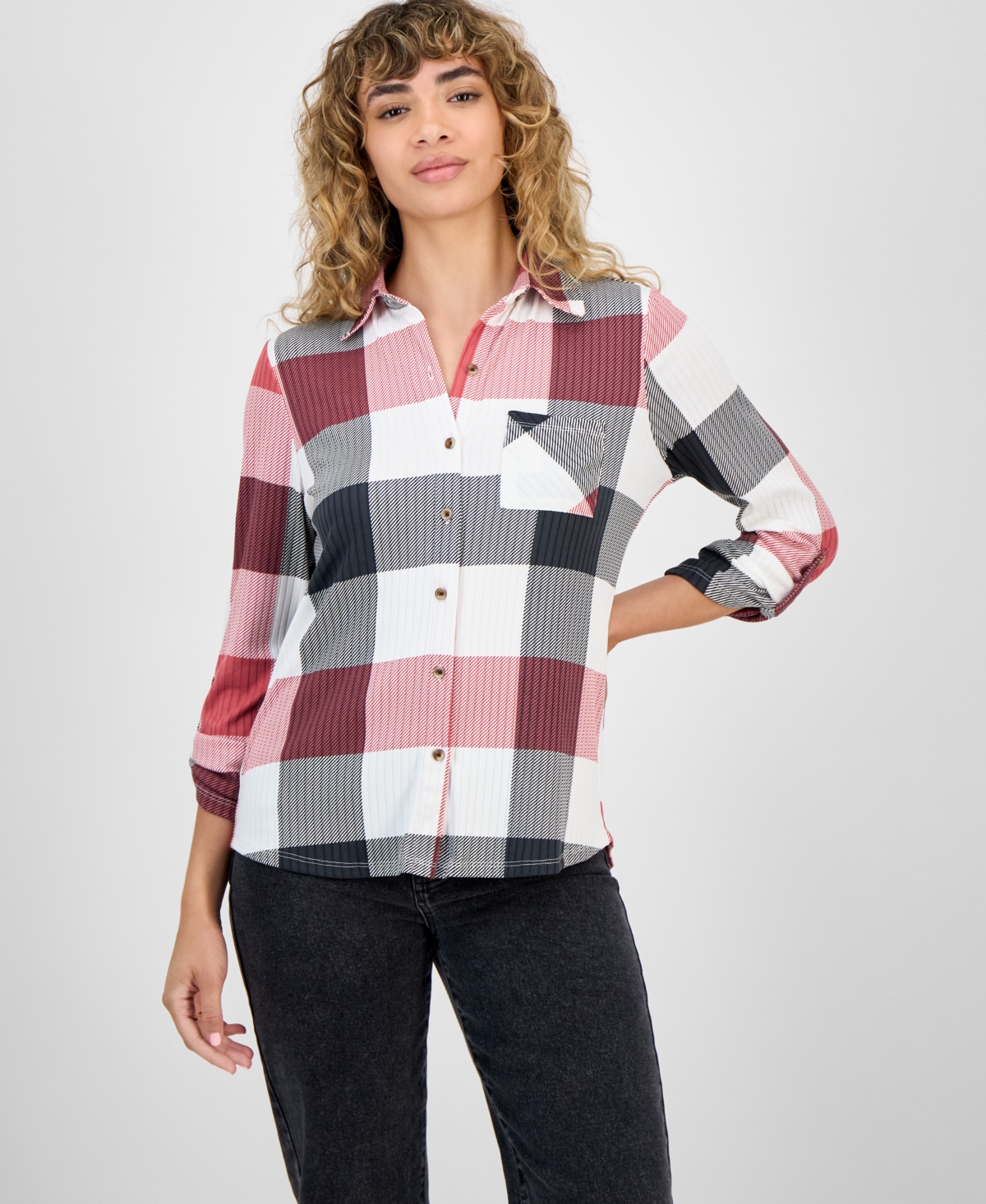 Click here for Just Polly Juniors Plaid Knit Shirt - Tawny Port/I... prices