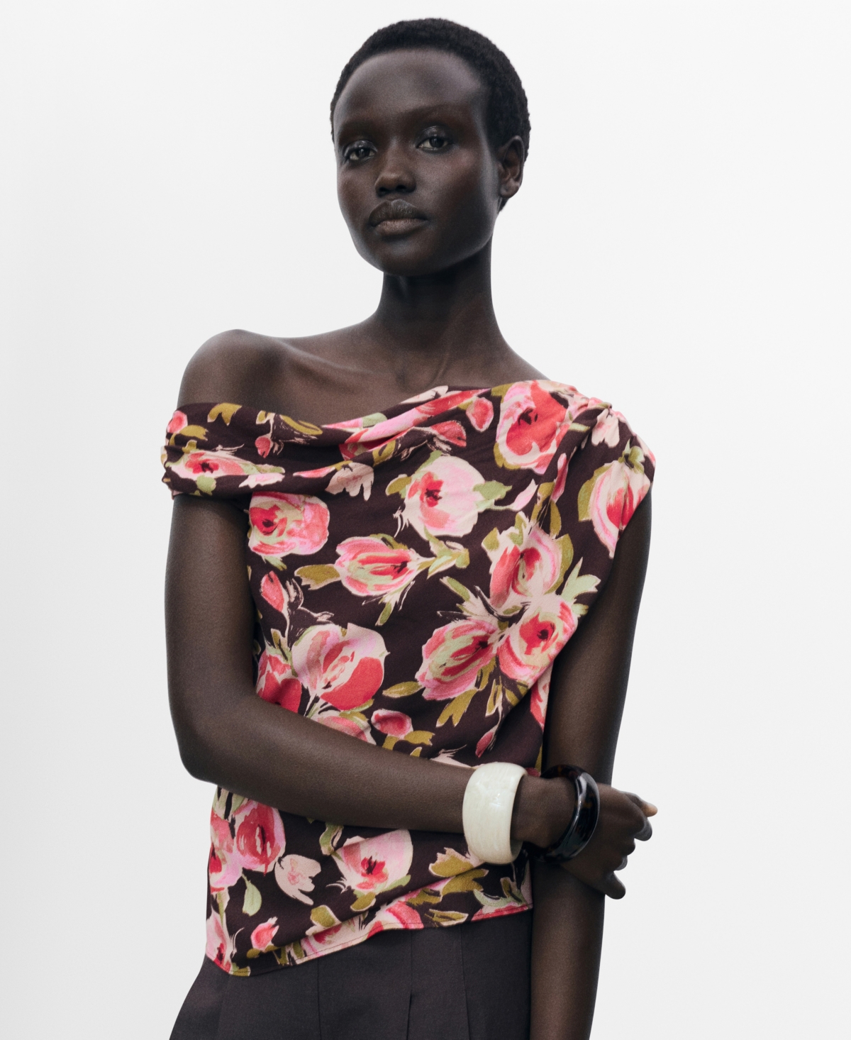 Click here for Mango Womens Asymmetrical Neck Floral Blouse - Bro... prices