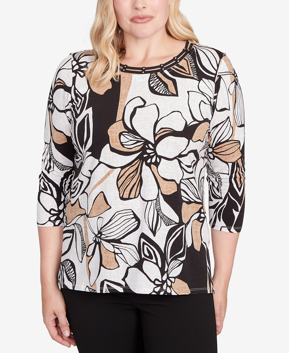 Click here for Alfred Dunner Petite Leaf Floral Top - Black/Tan prices