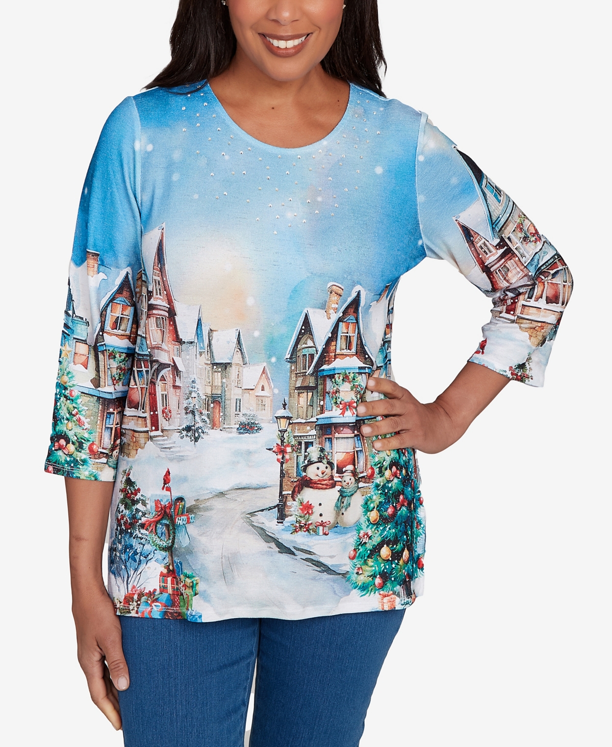 Click here for Alfred Dunner Petite Snow Cabin Scene Top - Blue M... prices