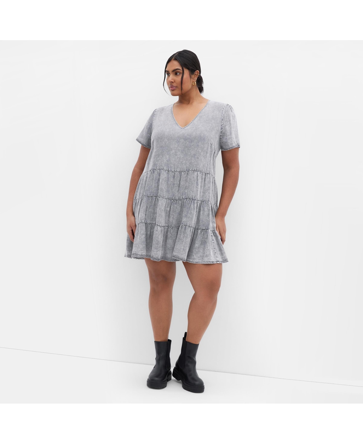 Click here for City Chic Plus Size Denim Tier Dress - Grey prices