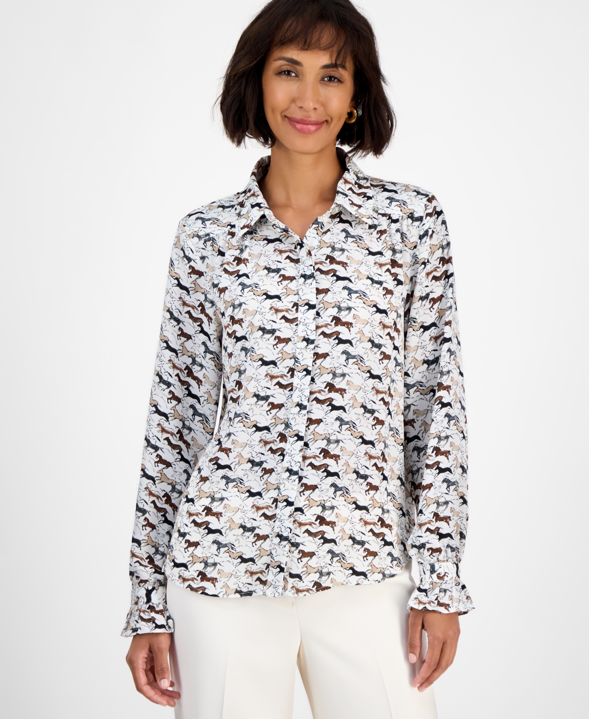 Click here for T Tahari Womens Horse-Print Button-Front Blouse -... prices