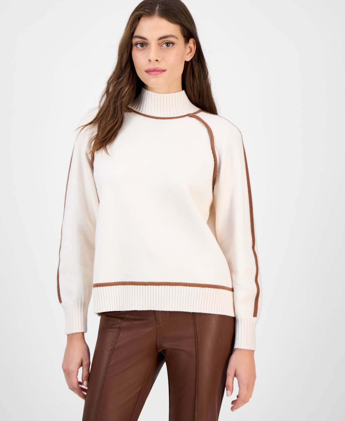 Click here for T Tahari Womens Mock-Neck Contrast-Piping Sweater... prices