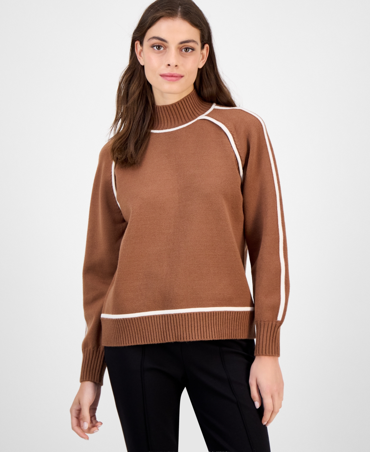 Click here for T Tahari Womens Mock-Neck Contrast-Piping Sweater... prices