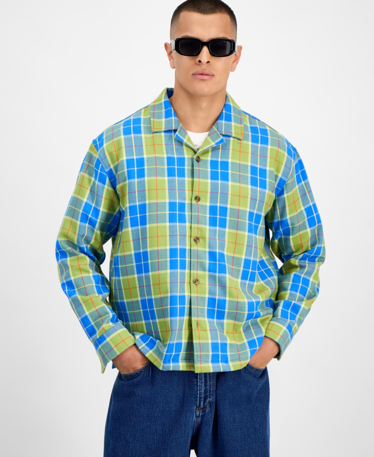 Click here for Mode of One Mens Relaxed-Fit Camp-Collar Plaid Fla... prices