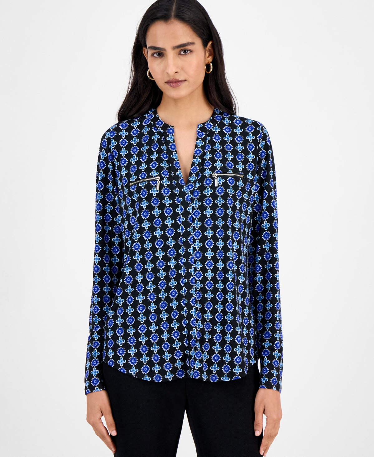 Click here for Jm Collection Womens Printed Zip Pocket Top  Macys... prices