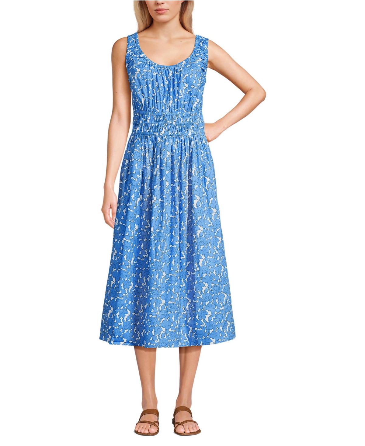 Click here for Lands End Womens Sleeveless Poplin Smocked Midi Dr... prices