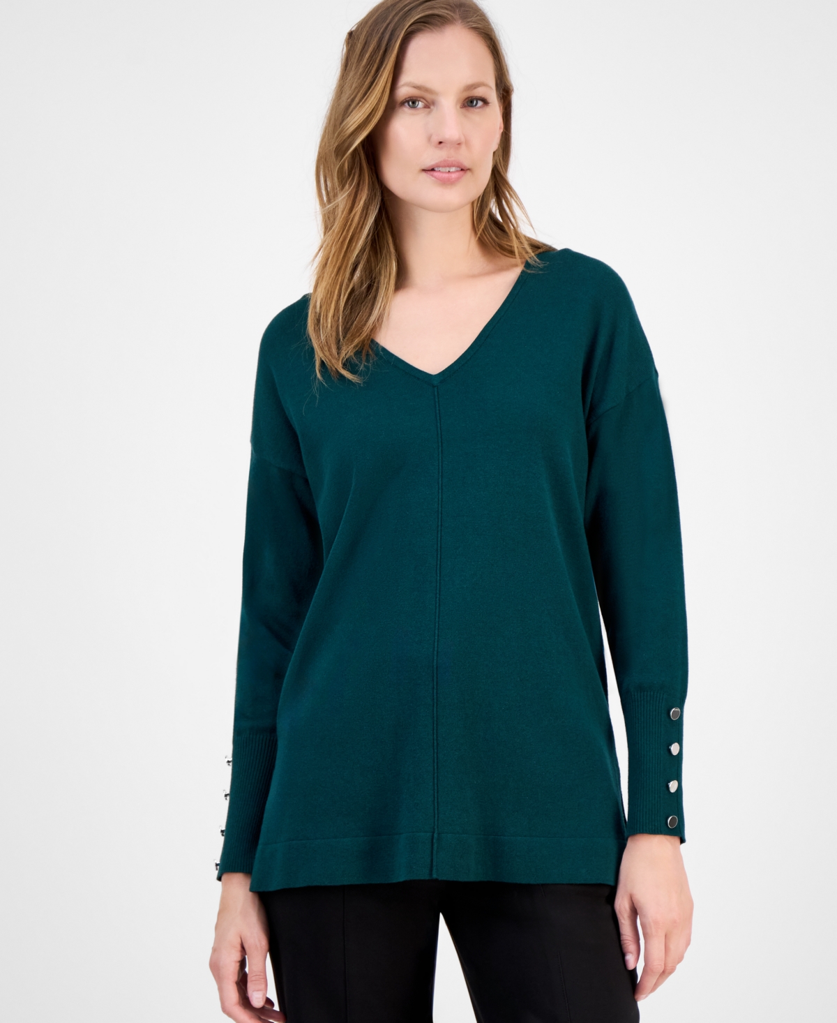 Click here for Ak Anne Klein Womens Button-Cuff V-Neck Top - Dark... prices
